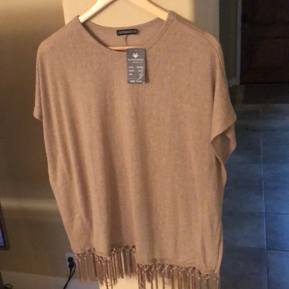 Esperanza | Tops | New York Tan Draped Sleeve Fringe Top M | Poshmark